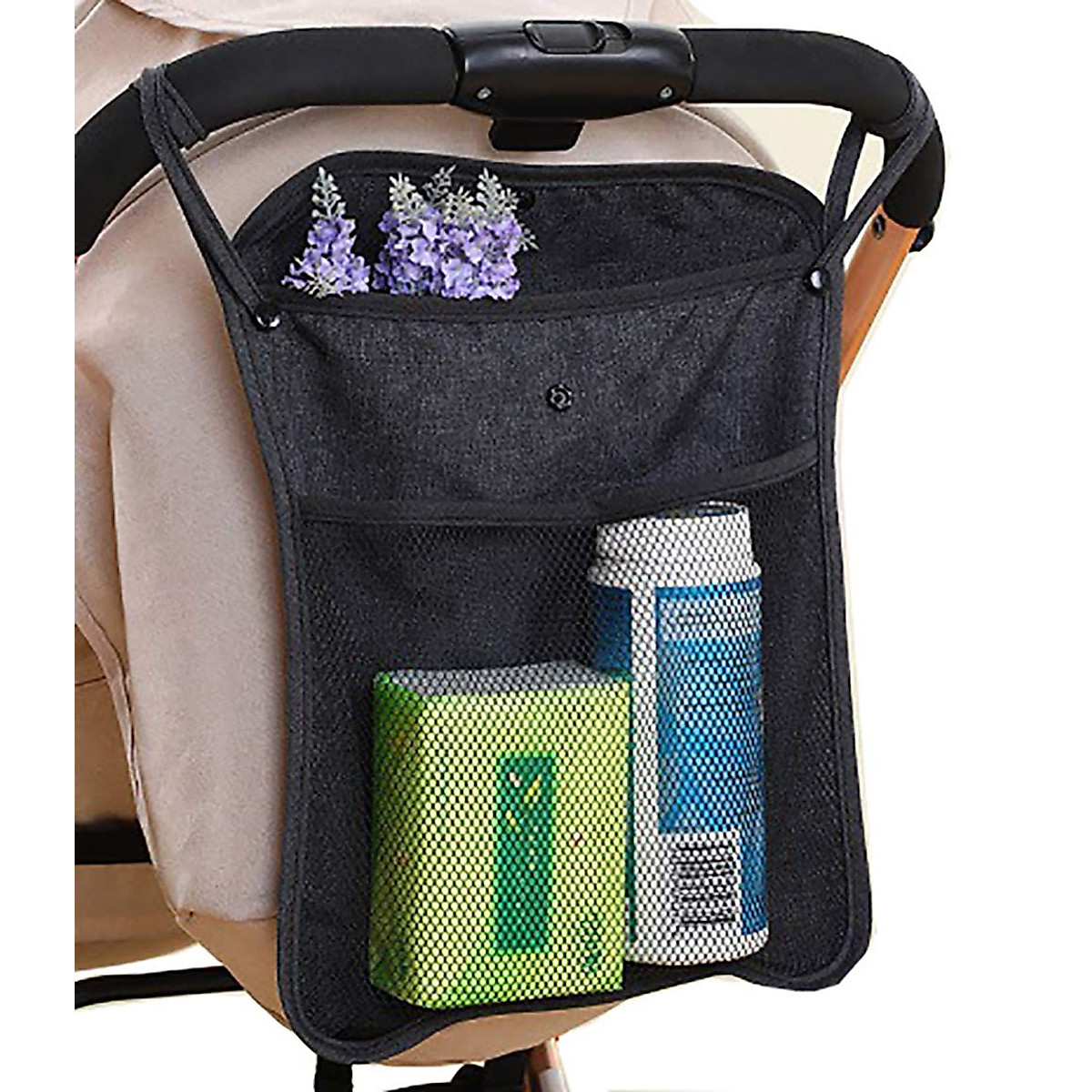 Stroller Bag Organizer Black with two Storage Pockets front mesh pocket for bottles nappy baby cloth