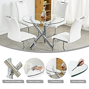 HAIZAO Dining Table Set for 2, Modern Round Tempered Glass Top Table and PU Leather Chairs for Dining Room, Small Living Room, Kitchen, Plain Back, Black with Silver Base