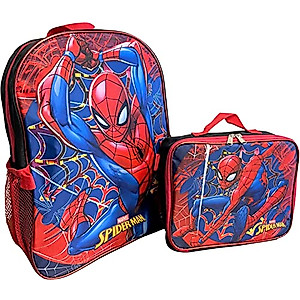 Ruz Spiderman Boy's 16 Inch Backpack With Removable Matching Lunch Box (Black-Red)