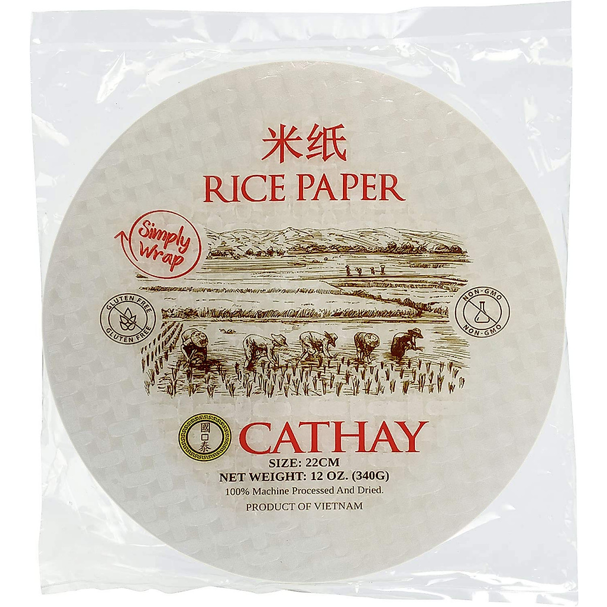 Cathay Fresh Spring Roll Rice Paper Wrappers, Rice Paper Wrappers for Fresh Rolls-30 Sheets, Non-GMO, Gluten-Free, Low Carb, Vietnamese Summer Wrap with Natural Ingredients, Veggie Wrap (Round, 22cm)