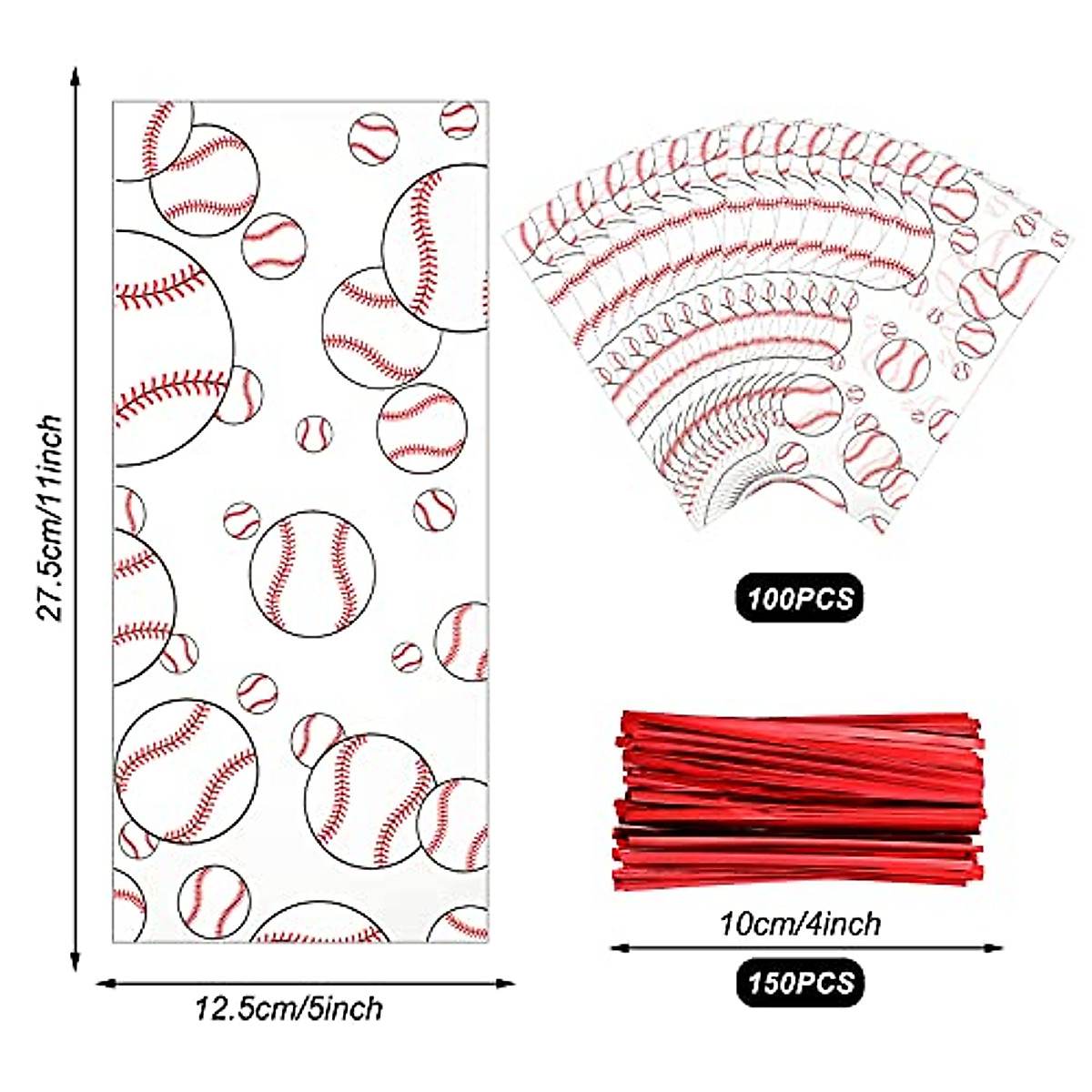 Outus 100 Pieces Baseball Party Treat Bags Baseball Candy Bags Baseball Cellophane Bags Baseball Goodie Bags Sports Treat Bags with 150 Pieces Red Twist Ties for Baseball Party Favors