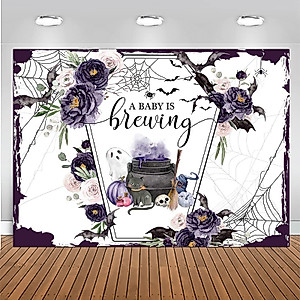 Mocsicka Halloween Baby Shower Backdrop A Baby is Brewing Baby Shower Party Decoartion Watercolor Flower Coffin Vampire Bat Baby Sprinkle Banner (Purple, 7x5ft(82''x60''))