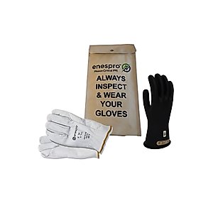 Enespro Class 00 Black Rubber Voltage Insulating Glove Kit with Leather Protectors, Max. Use Voltage 500V AC/ 750V DC (KITGC00B08)