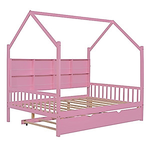 Full House Bed with Trundle and Storage Shelves, Montessori Bed Full Size Platform Bed Frame with Roof, Tent Bed, Solid Wood Playhouse Bed for Kids Teens Girls Boys (Full Size, Pink)