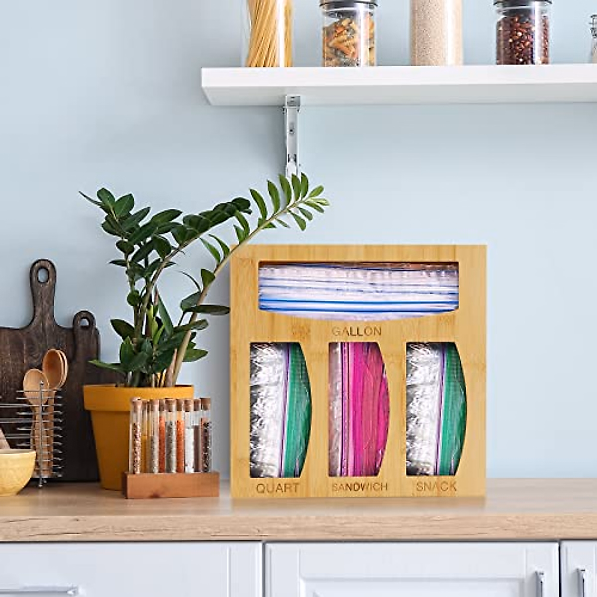 Hossejoy Bamboo Ziplock Bag Storage Organizer, Kitchen Plastic Bag Dispenser Holder, Zip lock Bag Container for Kitchen Drawer, Suitable for Gallon, Quart, Sandwich & Snack Variety Size Bags