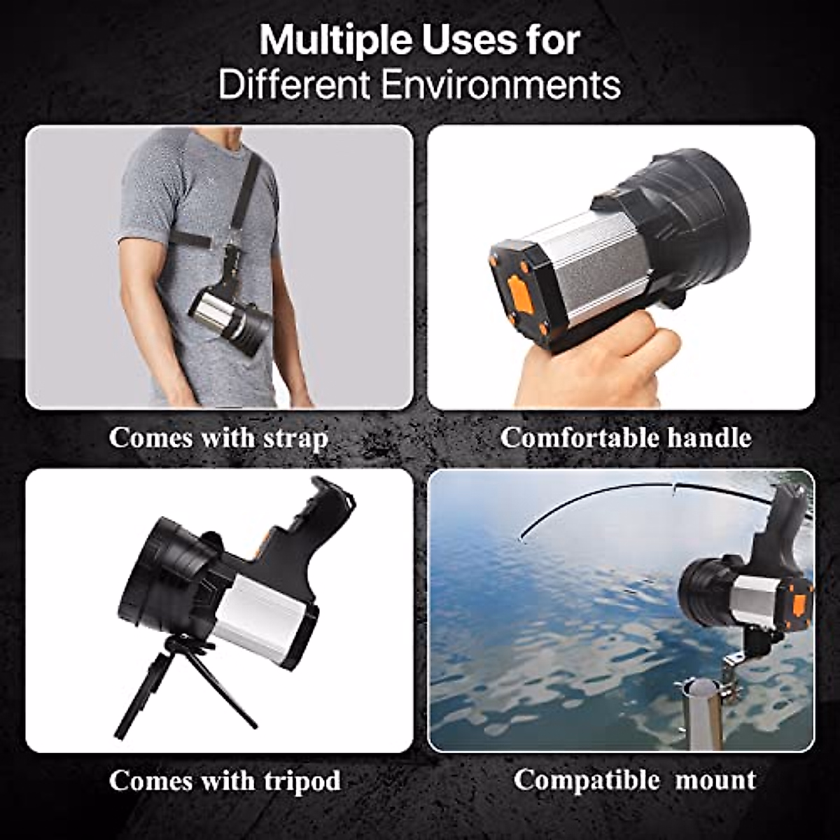 Rechargeable Spotlight Flashlight, 10000 Lumen LED Handheld Spotlight 10000mAh Long Lasting Spot Light Torchlight Searchlight Flood Fishing Hiking Camping Hunting Flashlight USB Output with Tripod