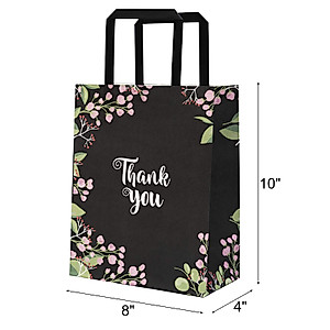 Black Thank You Gift Bags 50 Pack 8" X 10" Medium Size Paper Bags With Handles Floral Design Bulk Thank You Bags For Business Boutique, Gifts Wedding Favors Retail Shopping Goody Bags