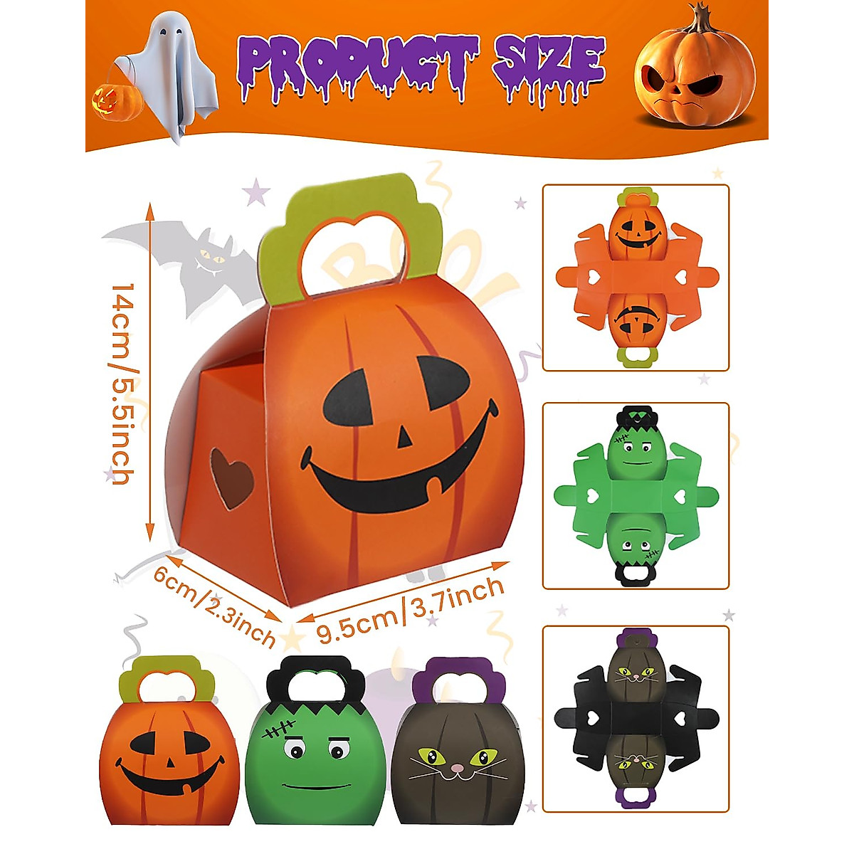 Liobelon 24 Pieces Halloween Candy Boxes With Handles Halloween Treat Boxes Trick or Treat Gift Boxes Pastry Cookies Goodie Bags for Halloween Party Supplies Halloween Kids Birthday Party Gift Box