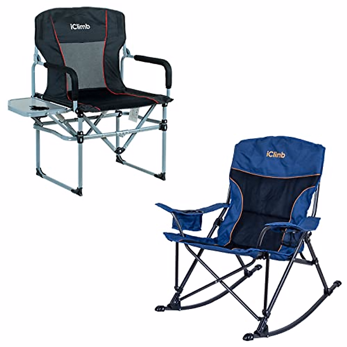 iClimb 1 Padded Rocking Folding Chair and 1 Heavy Duty Compact Folding Chair Bundle for Two Person Camping Patio Porch Backyard Lawn Garden Balcony Indoor Outdoor
