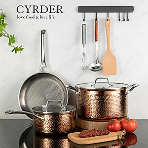 Cyrder Stainless Steel Pots and Pans Set, Luxury Tri-Ply Hammered Kitchenware Cookware with Lids, Heavy Duty & Non-Toxic Rose Gold Special Hammered Pattern Detail, 5-Piece
