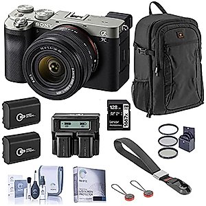 Sony Alpha 7C Mirrorless Digital Camera with FE 28-60mm Lens, Silver, Bundle with 128GB SD Card, Backpack, Wrist Strap, 2X Extra Battery, Dual Charger, Filter Kit and Accessories