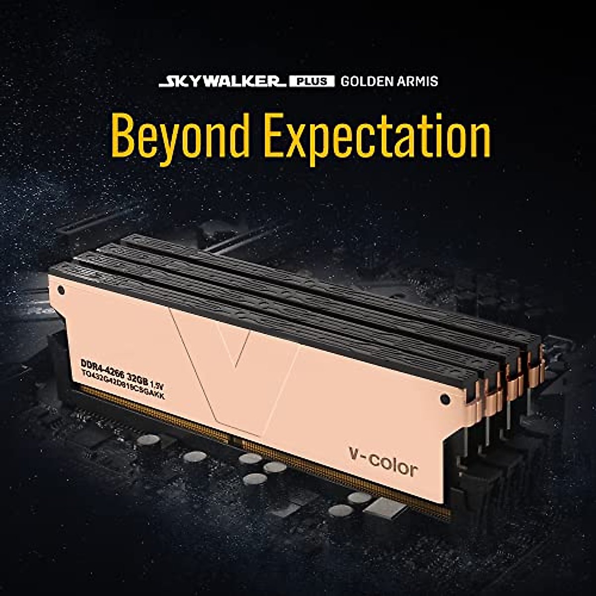 V-Color Skywalker Plus DDR4 64GB (32GBx2) 4266MHz (PC4-34100) CL19 Gaming Desktop Ram Memory Hynix IC Dual Rank 1.5V - Golden (TO432G42D819CSGAKK)
