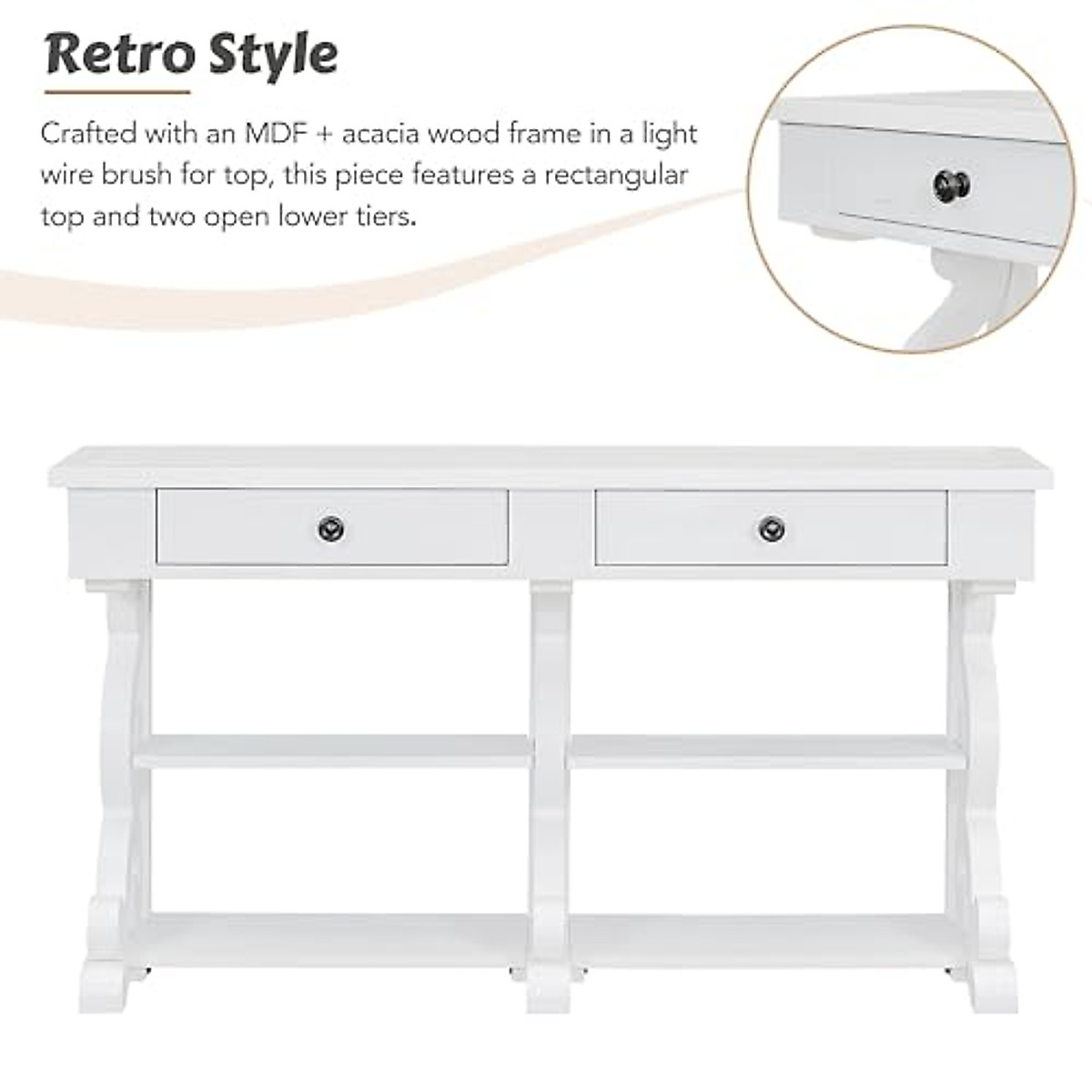 Rockjame Console Table, Retro Wood Sideboard with Ample Storage, Classic Accent Entryway Table with 2 Drawers and Open Adjustable Shelves for Entrance Dinning Room Living Room (Antique White)