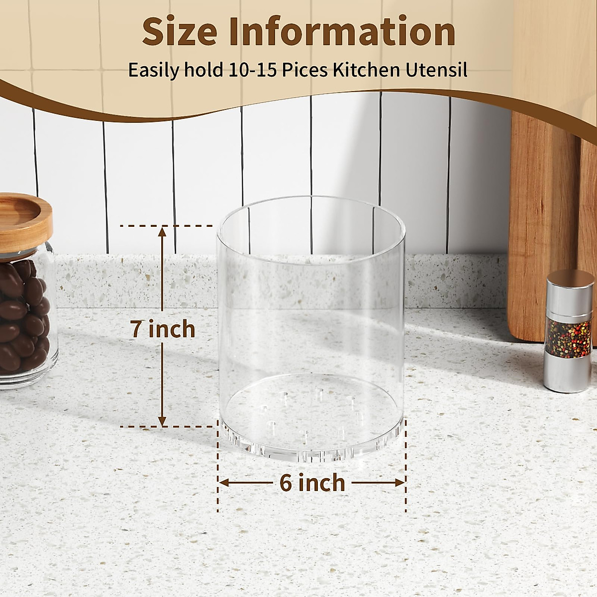 NIUBEE Kitchen Utensil Holder,Clear Acrylic Countertop Utensil Crock,Large and Sturdy Cooking Utensil Holders Caddy Organizer For Home Decor (7 x 5.8 inch)