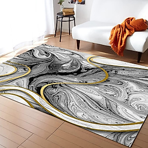 Nordic Luxury Rug for Living Room, Abstract Gold Lines Black and White Marble Area Rugs, Non-slip Breathable Soft Washable Mat for Girls Room Bedroom Entryway Hallway Office 5x7ft
