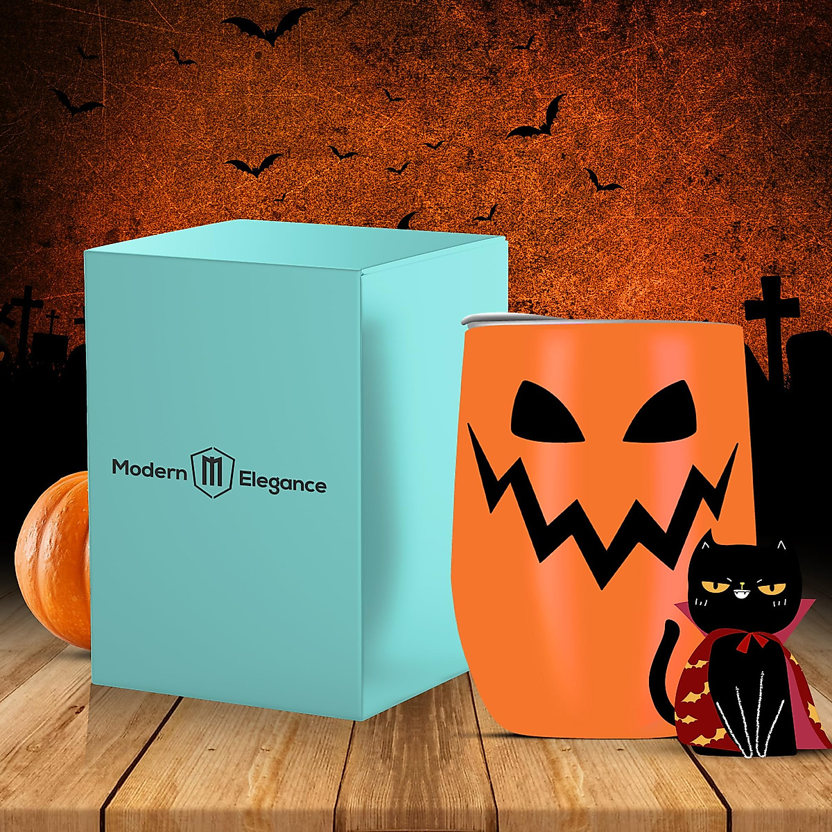 Modern Elegance Wine Tumbler with Lid Halloween Wine Glass – Cute Pumpkin Insulated Cup with Straw and Cleaning Brush – 12Oz Stainless Steel Tumblers Halloween Mug (Pumpkin - Orange)