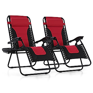 PHI VILLA Set of 2 Padded Zero Gravity Lounge Chair Folding Patio Recliner with Adjustable Headrest & Cup Holder, Support 350 LBS(Red)