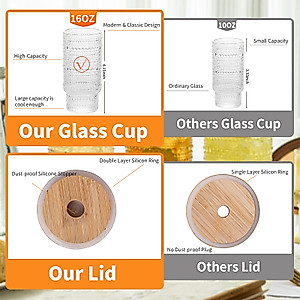 Romantic Highball Drinking Glasses Set of 4, Beaded Glassware, 16oz XL Hobnail Glassware, Vintage Glassware Set, Embossed Vintage Drinking Glasses for Beer, Cocktail, Soda, Beverage (16oz with lid)