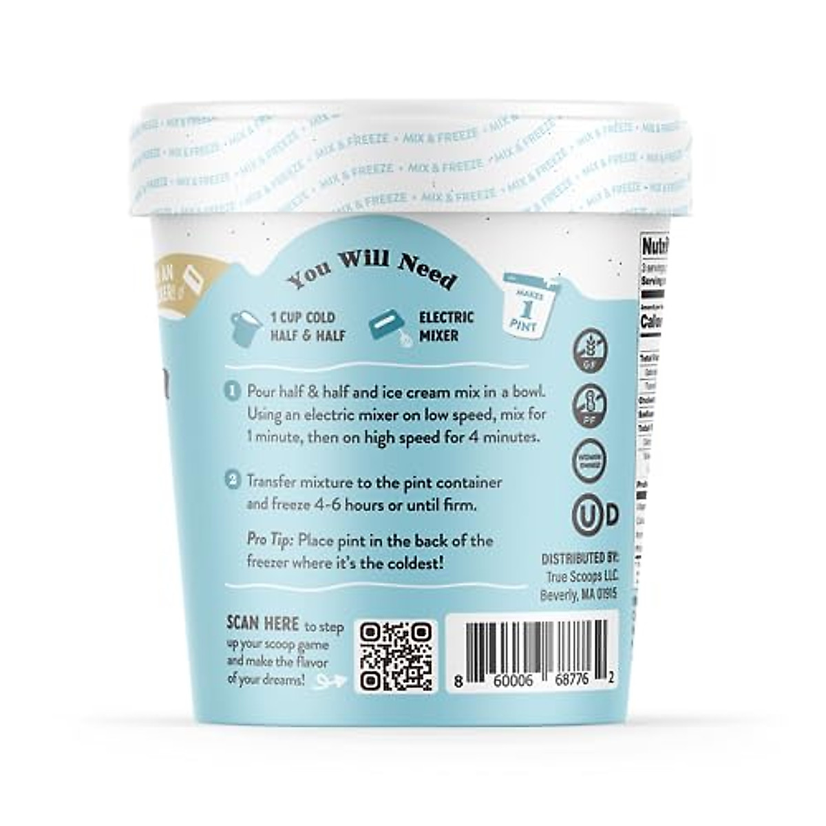 True Scoops 2-Pack Vanilla Bean Ice Cream Mix. Add One Ingredient - Half & Half! Makes 1 Pint of Ice Cream With An Electric Mixer. Made With Real Vanilla Beans. Gluten-Free, Peanut-Free, and Kosher.