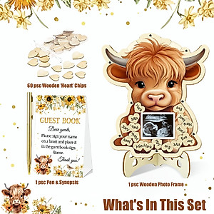 generic 65 Pcs Highland Cow Baby Shower Decorations Guest Book, Baby Shower Guest Book Alternatives with Photo Frame, 60 Wood Slices Cow Baby Shower Guest Book for Boys Grils Baby Shower