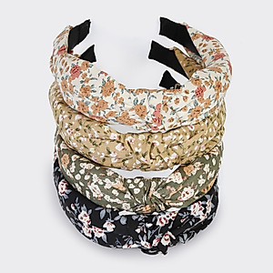 Huachi Headbands for Women and Girls, 4 Packs Fashion Flower Printed Knotted Head Bands for Women’ s Hair, Non Slip Boho Wide Thick Top Knot Hairbands, Womens Trendy Hair Accessories