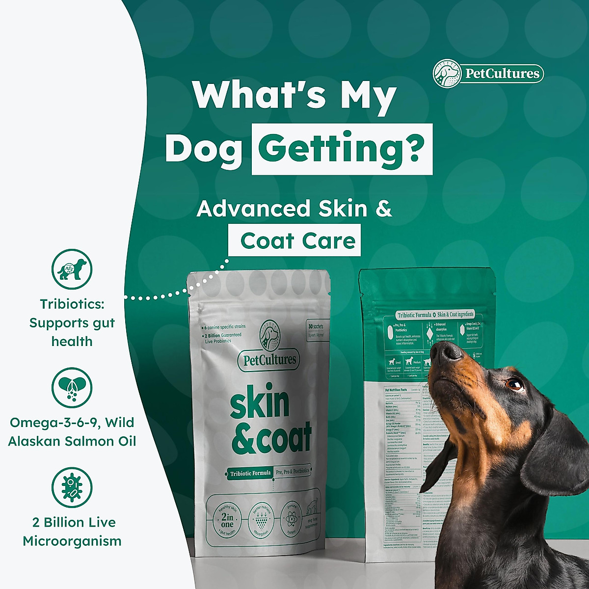 Skin and Coat with Dog Probiotic Powder, Made in USA, Omega 6 & 3, Probiotics for Dogs, 30 Pks, Vitamin B12 & E, Biotin 450mcg, Dog Probiotics for Digestive Health, Skin & Coat Support