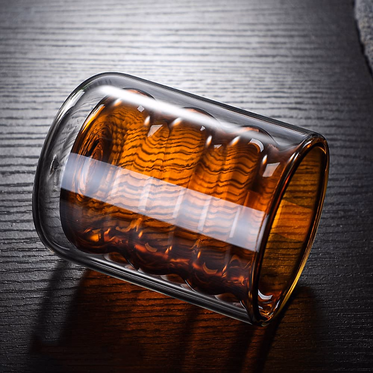 JstDoit Double Wall Glass Espresso Cups, Insulated Glass Coffee Mug Creative Drinking Glasses Ripple Glassware for Hot Beverages, Water, Juice, Coffee, Latte, Cappucino 200ML/6.76oz (Brown)