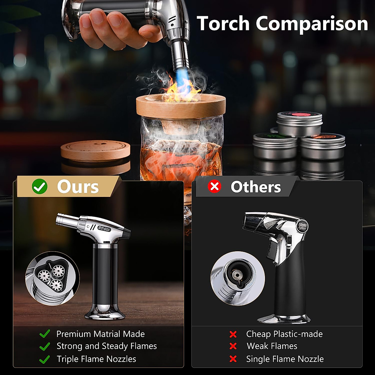 Cocktail Smoker Kit with Torch, Keten Whiskey/Bourbon/Old Fashioned Cocktail Kit with 4 Flavors Wood Chips, Drink Smoker and Whiskey Gifts for Men-Father, Friend and Loved(No Butane)