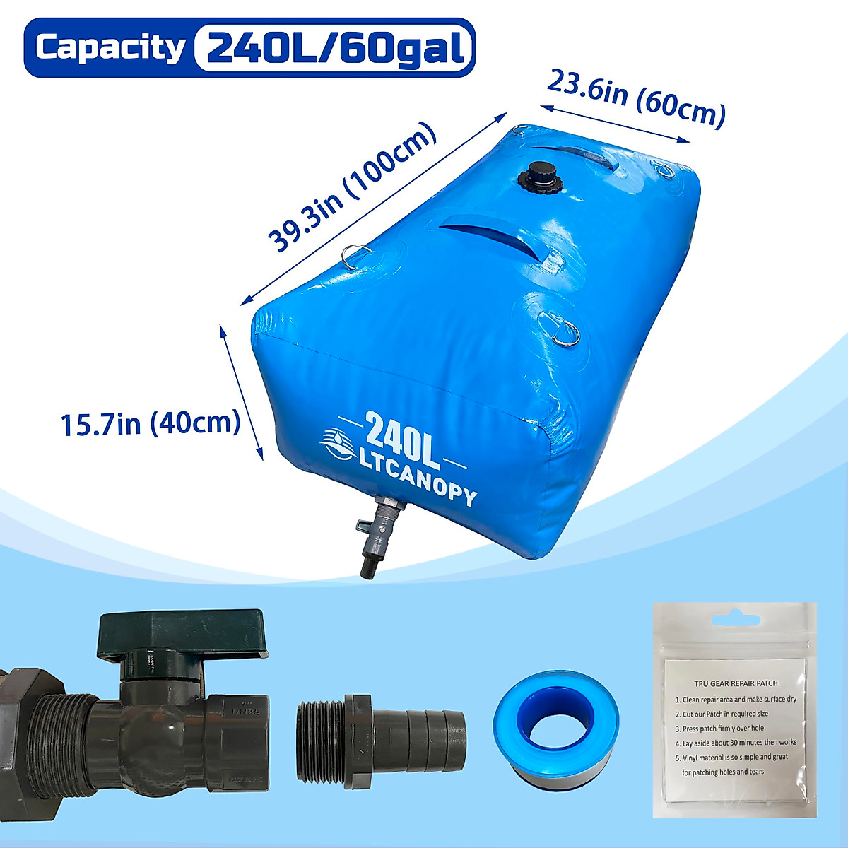 LTCANOPY 240L/60gal Water Storage Bladder,Large-Capacity Foldable Water Bladder Tanks Container,Collapsible Soft Drought-Resistant Water Bag, fire-Fighting Agricultural use Water Tank(240L)…