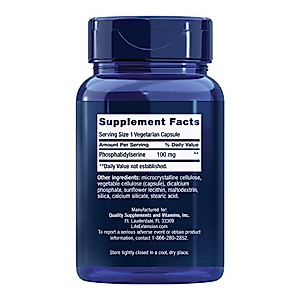 Life Extension PS Caps 100mg - Phosphatidylserine Supplement for Brain health - Healthy Cognitive Function, Memory, Focus, Concentration Support - Non-GMO, Gluten-Free, Vegetarian - 100 Capsules