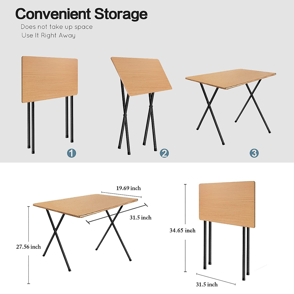 Folding TV Tray Table, 2.6-Foot TV Dinner Folding Table for Small Space Eating, Dinner Foldable Side Desk with Wooden Top and Metal Frame(1 Piece-Natural)