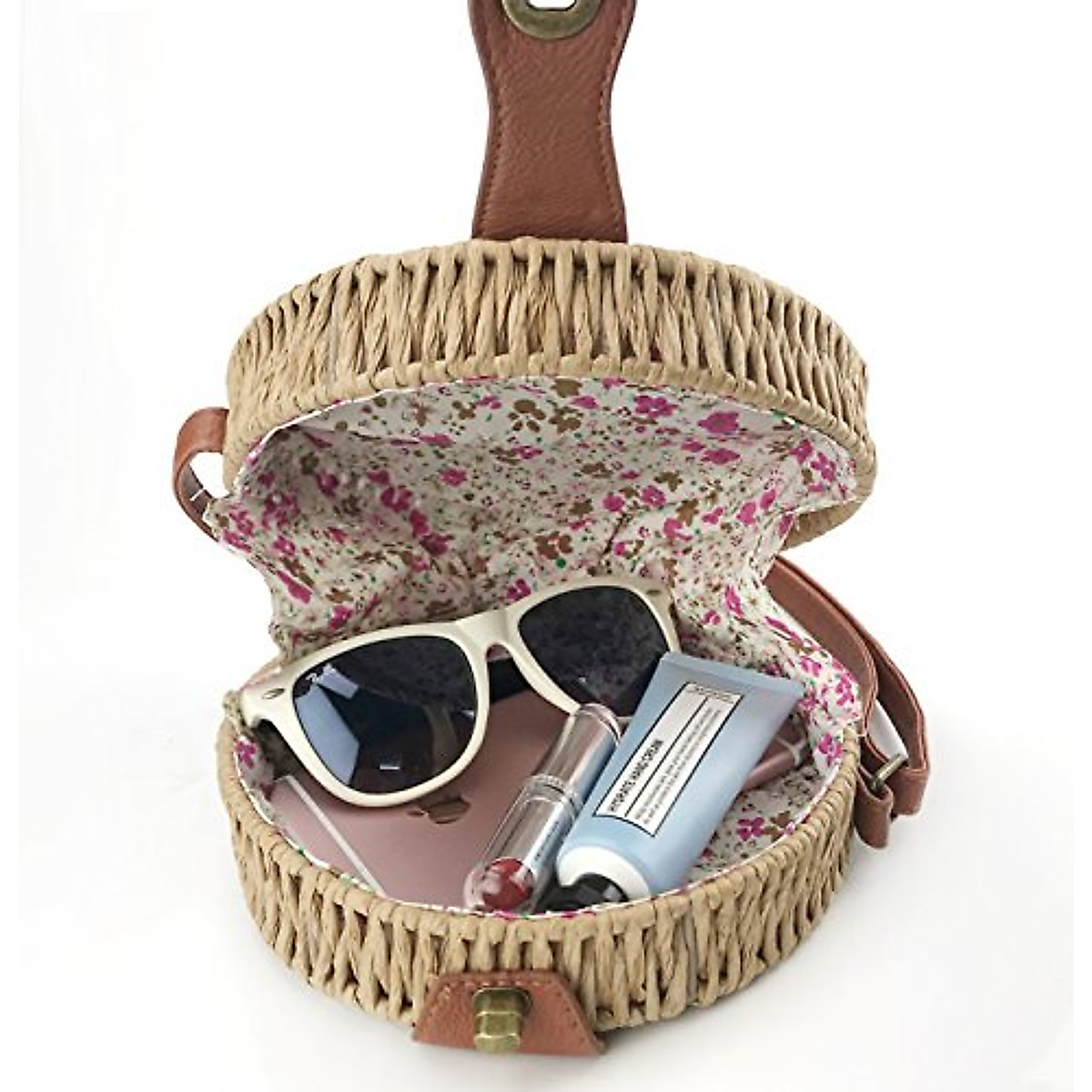 Round Straw Handwoven Shoulder Bag Women Cross body Bag for Summer Holiday (Brown)