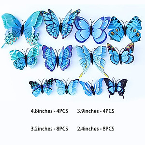 Somotersea 24Pcs 3D Butterfly Wall Decor Removable Butterfly Decoration for Girls Room Butterflies Decals Birthday Party Decorations Kids Bedroom Butterfly Stickers Magnets Blue