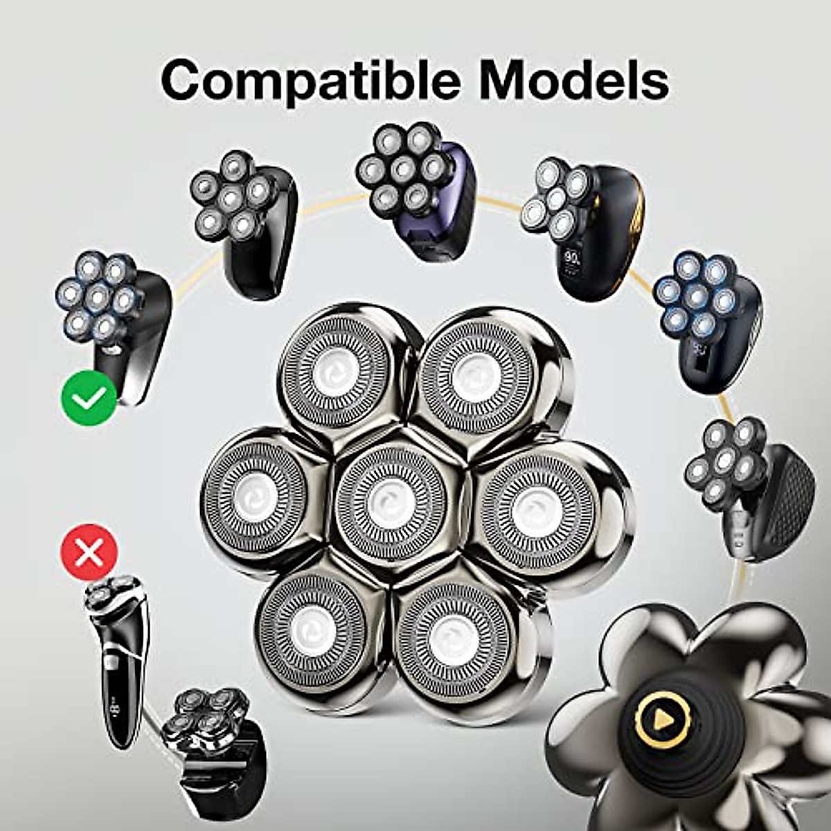 7 Blade Floating Replacement Shaving Head, Washable Shaver Blade Heads Replacement for Head Shaver, Wet & Dry Compatible for Rotary Shavers