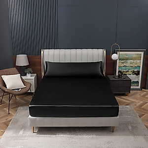 Homiest Black Satin Fitted Sheet Full Size Fitted Bed Sheet, Deep Pocket Fitted Sheet Only, Luxury & Ultra Soft Bedding Fitted Sheet Single Bottom Bed Sheets Sold Separately