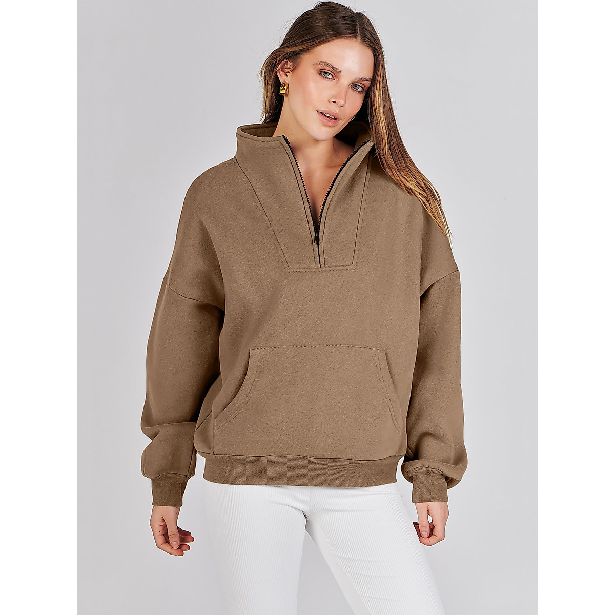ANRABESS Womens Half Zip Sweatshirts Oversized Crop Pullover 2024 Winter Y2K Fleece Hoodie Sweater Teen Girls Fall Clothes Brown Large