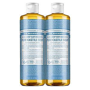 Dr. Bronner's - Pure-Castile Liquid Soap (Baby Unscented, 16 ounce, 2-Pack) - Made with Organic Oils, 18-in-1 Uses: Face, Hair, Laundry and Dishes, For Sensitive Skin and Babies, No Added Fragrance