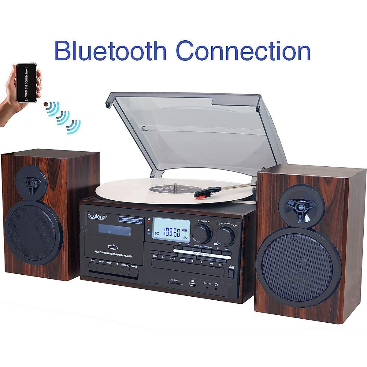 Boytone BT-28MB, Bluetooth Classic Style Record Player Turntable with AM/FM Radio, CD/Cassette Player, 2 Separate Stereo Speakers, Record from Vinyl, Radio, and Cassette to MP3, SD Slot, USB, AUX