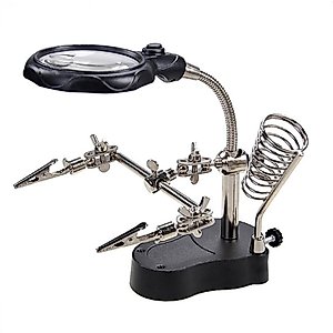 Adjustable Helping Hands Soldering Station, 3.5X 12X Magnifying Glass LED Lighted Magnifier with Auxiliary Clips Alligator Clamp Repair Tools Kit for Craft Carving Soldering, Assembly (Modern)