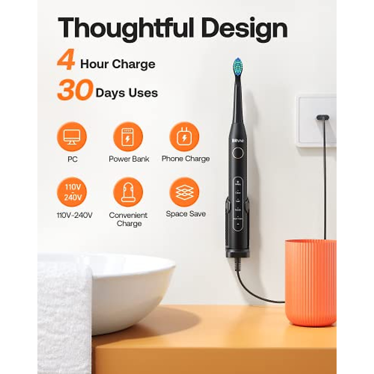Bitvae Ultrasonic Electric Toothbrushes - Electric Toothbrush for Adults and Kids, American Dental Association Accepted, Rechargeable Travel Sonic Toothbrush with 8 Heads, Black D2