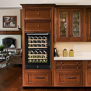 Frostronics 24 Inch Dual Zone Wine Refrigerator, 51 Bottles Under Counter Built-In or Freestanding Wine Cellar, Wine Cooler with Quiet Compressor Cooling and Reversible Glass Door, Fits Large Bottle