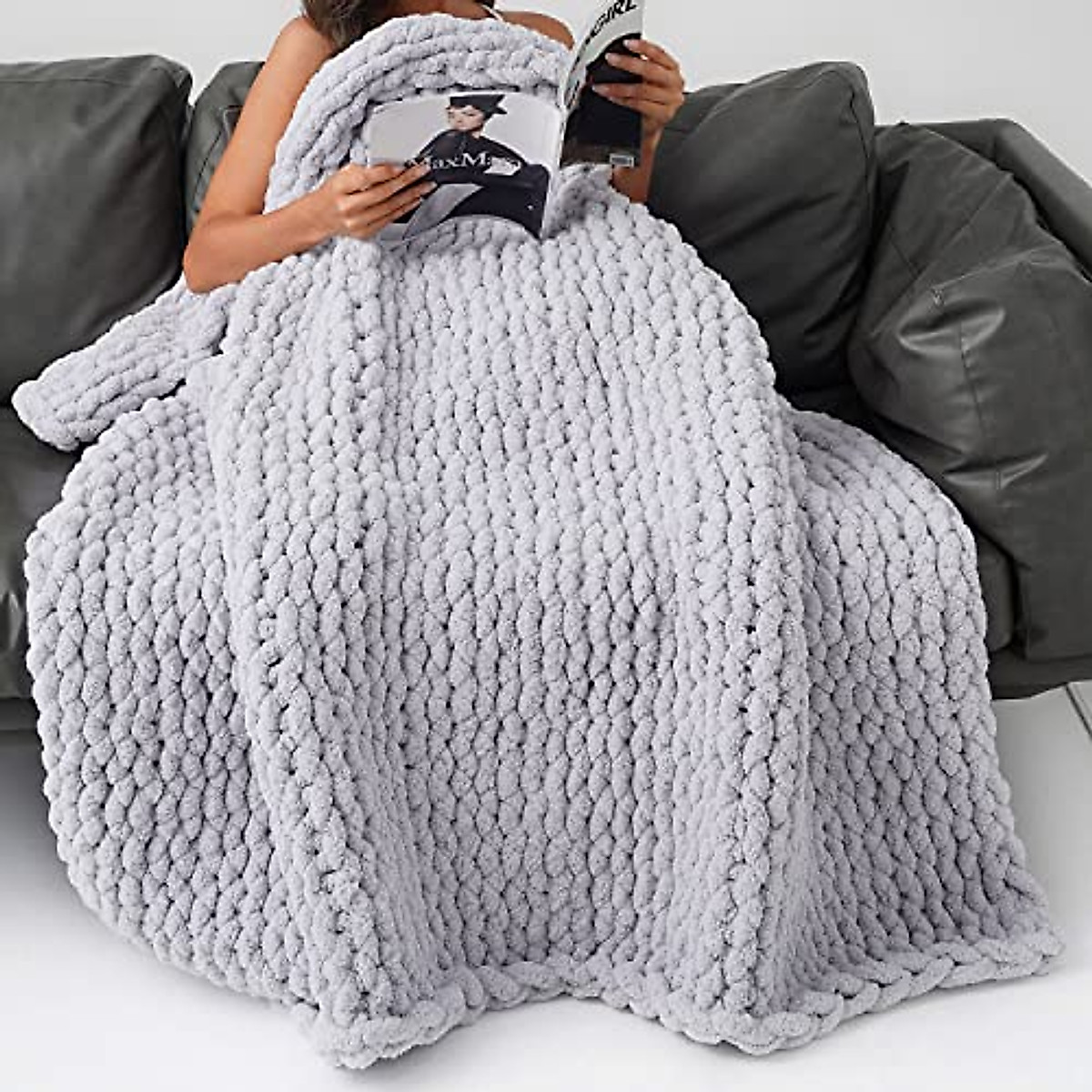 FACEBOX Chunky Knit Blanket 50"x60", Soft Cozy Chenille Throw Blanket, Large Cable Knit Throw Blanket for Bed, Sofa, Home Decor, Gift (Gray, 4.85 lbs)