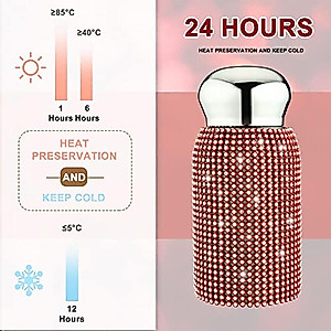 200ml Cute Mini Bling Diamond Water Bottles, Stylish Rhinestone Small Stainless Steel Insulated Water Bottles, Leak-Proof Vacuum Flask Thermal Bottles for Women Girls (Red)