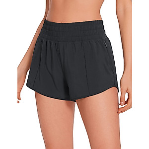 CRZ YOGA High Waisted Running Shorts for Women 2.5" - Mesh Liner Quick Dry Sport Athletic Workout Shorts with Zipper Pocket Black Large