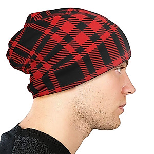 Beanie Hat for Men Women, Soft Cool Winter Warm Thermal Trendy for Tartan Plaid Red Cap for Cold Weather Hiking Running Skiing Outdoor Indoor Sports