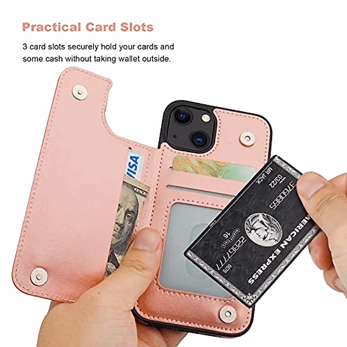 Vaburs Compatible with iPhone 13 Case Wallet with Card Holder, Embossed Butterfly Pattern PU Leather Double Buttons Flip Shockproof Protective Cover for Magnetic Car Mount 6.1 Inch (Rose Gold)