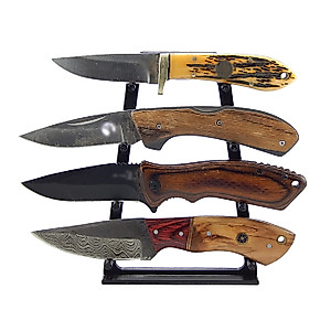 Black Knife Display Stand Rack Holder Organizer For 4 Medium To Large Pocket Or Fixed Blade Knives - Holds Four Blades - Wall Mount Or Sit On Flat Surface