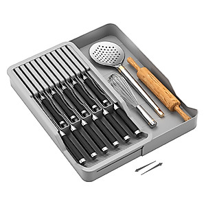 Knife Block Drawer Insert,Steak Knife Drawer Organizer,Knife Holder With Storage Tray, Kitchen Drawer Organizer for 11 Knives (Knife Not Included),Large Capacity,Saves Space,Gray