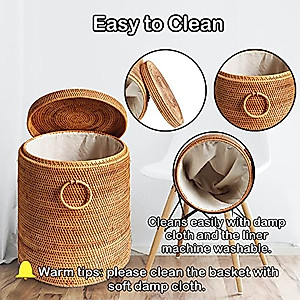 HQT Rattan Laundry Hampers, Premium Honey Brown Round Hand Woven Rattan Hamper, Waste Basket with Cotton Liner, Lid and Handle for Bedroom Living Room Bathroom Basket for Dry and Organic Waste