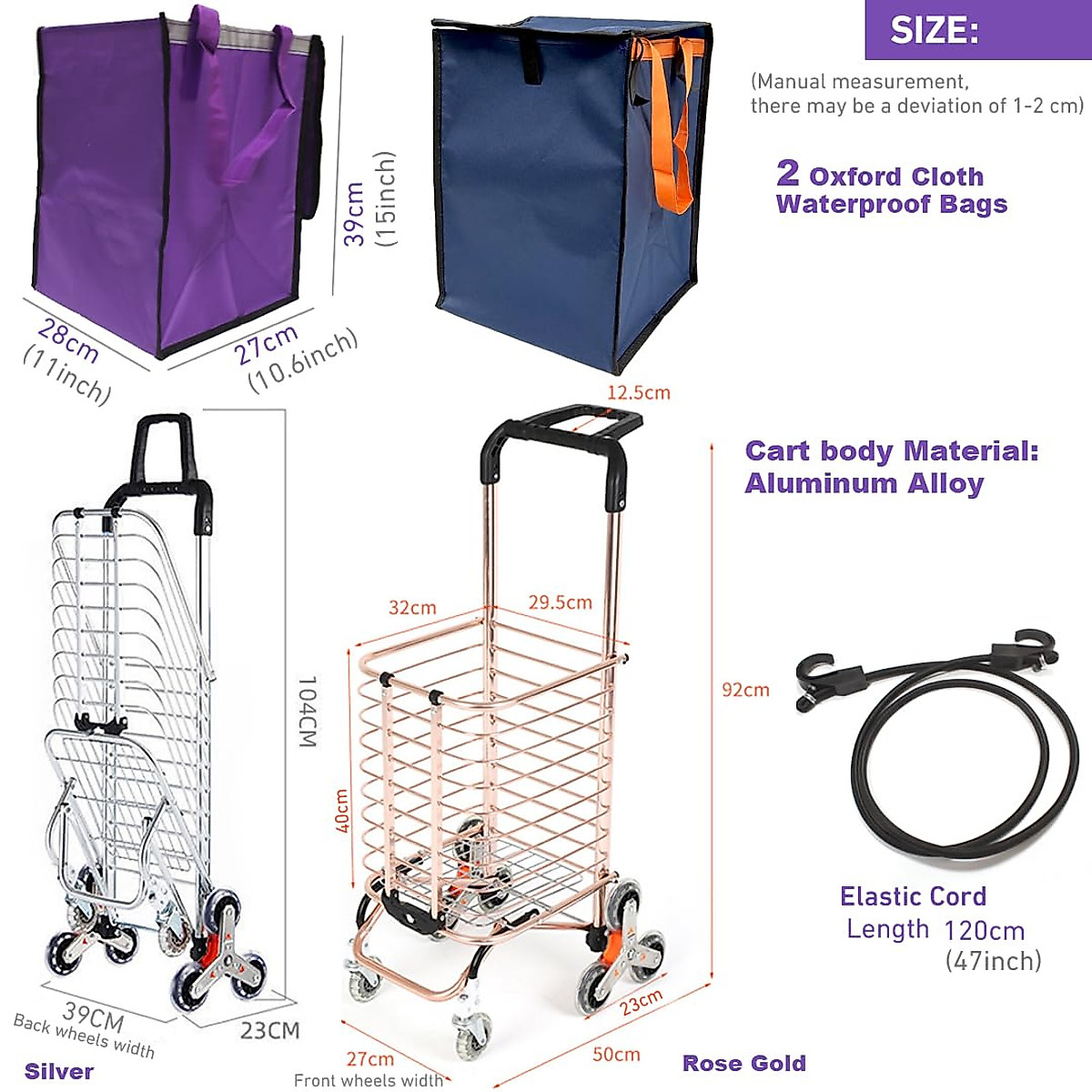 Kallwong Deluxe Shopping Carts for Groceries Foldable,Stair Climbing Heavy Duty & Lightweight Utility Cart with Waterproof Liner Basket, Elastic Cord for Luggage,Laundry,Camping,Transport (Golden)